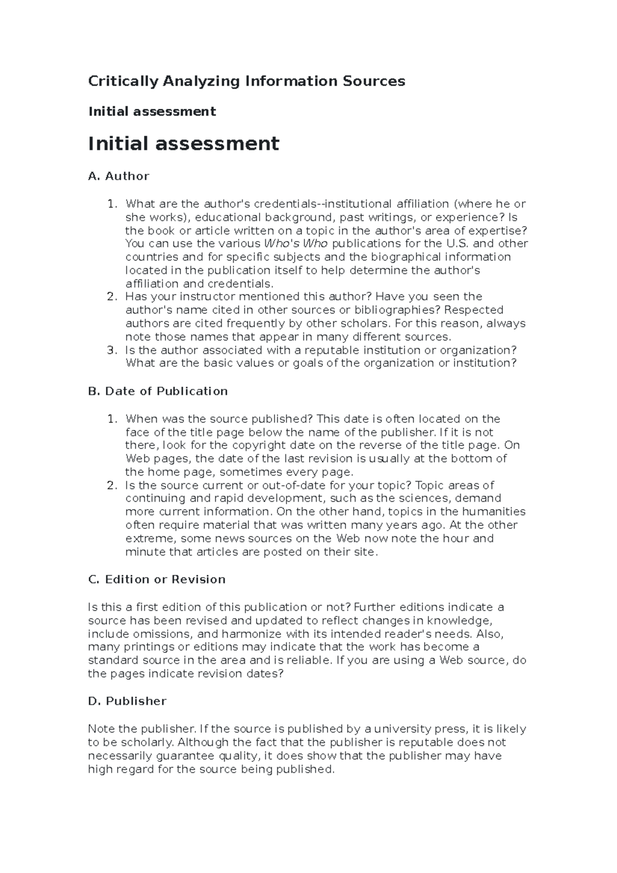 Critically Analyzing Information Sources - Author 1. What are the ...