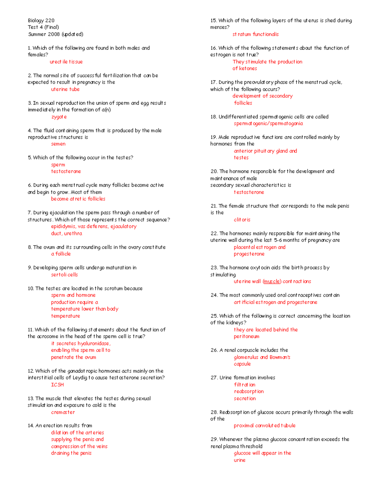 Test 4 - Final Exam Sample BIO 220 - Biology 220 Test 4 (Final) Summer ...