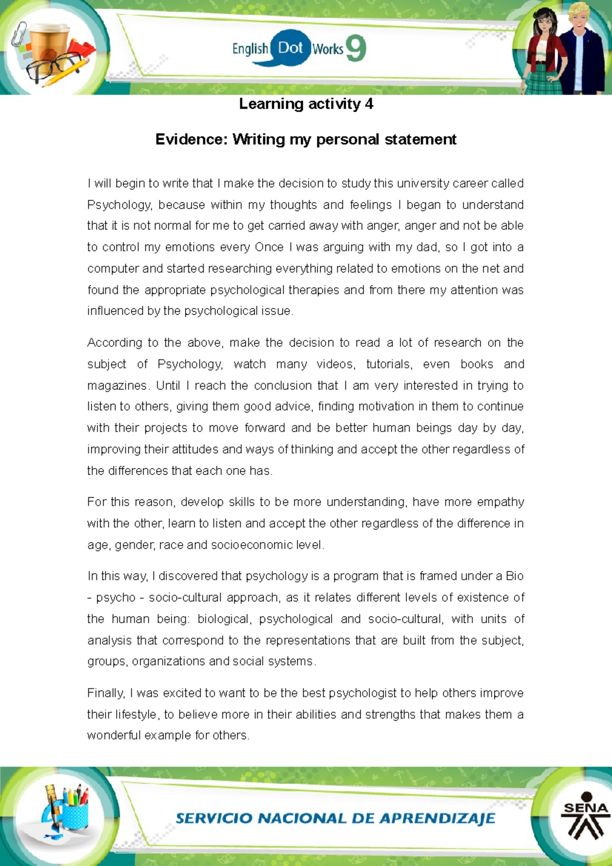 Evidence my personal Statements- Hillary Vente Sena - Learning activity ...