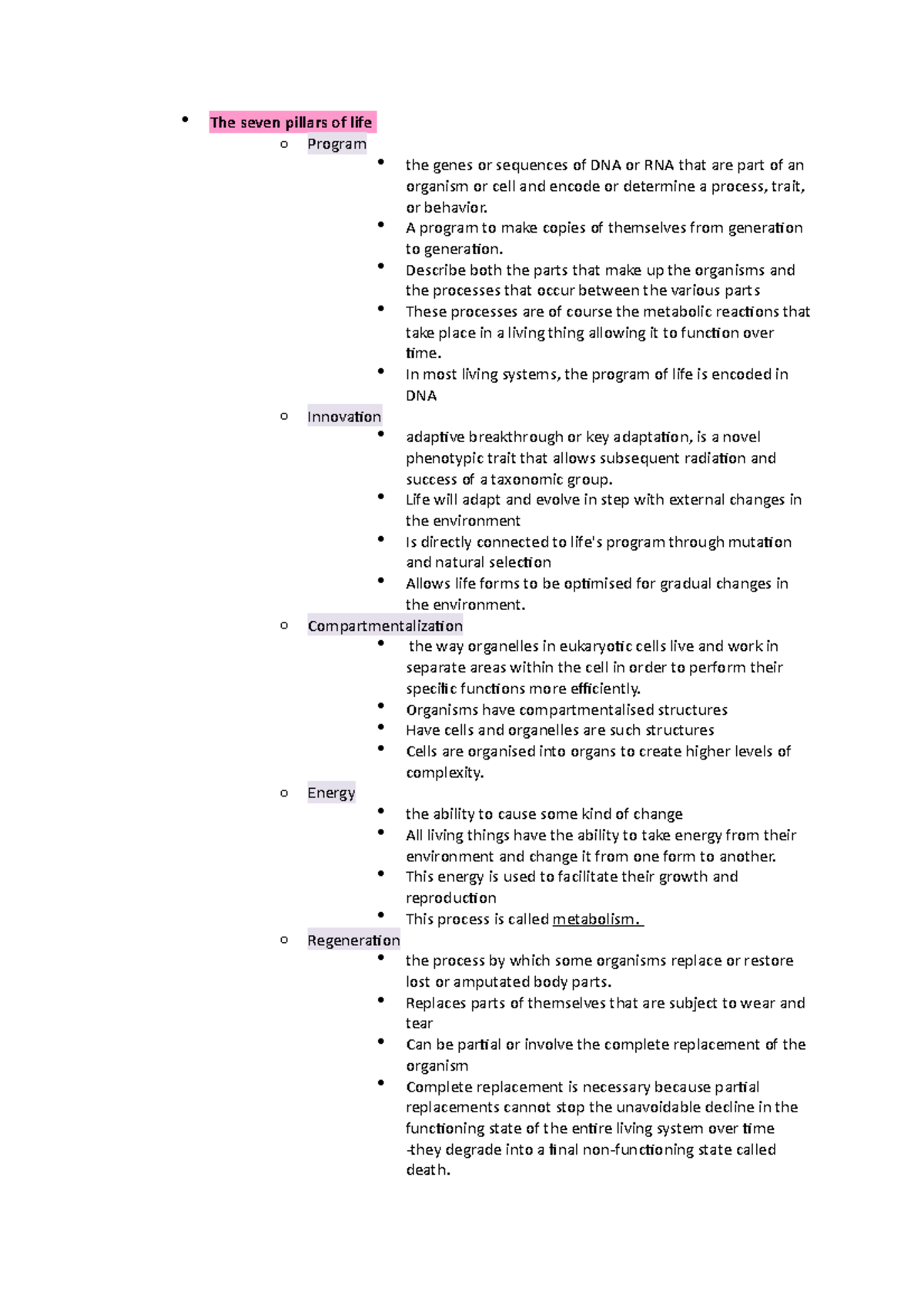 LECTURE 1 summary notes for biology MULT10011 - The seven pillars of ...