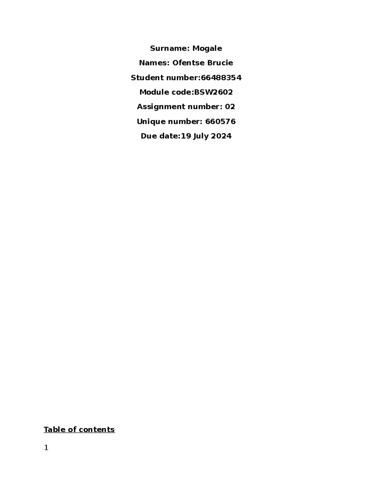 BSW2602 Assignment 2 2024 - Surname: Mogale Names: Ofentse Brucie Student number: Module code ...