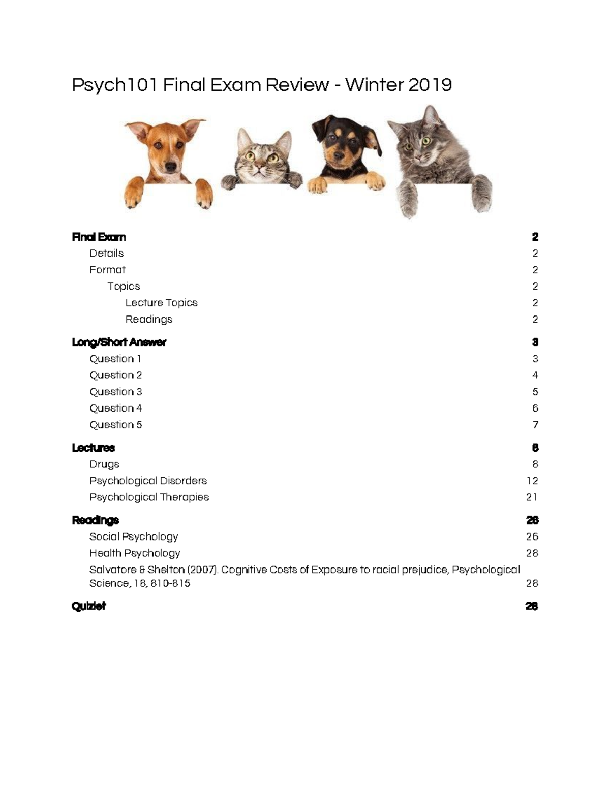 Psychology Final Exam Review - Winter 2019 - Psych101 Final Exam Review ...