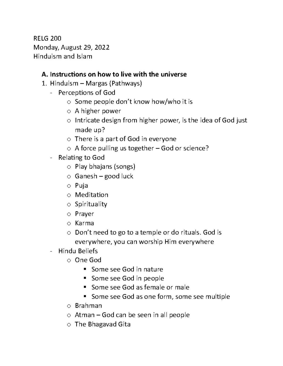 RELG 200 - Hinduism and Islam - RELG 200 Monday, August 29, 2022 ...