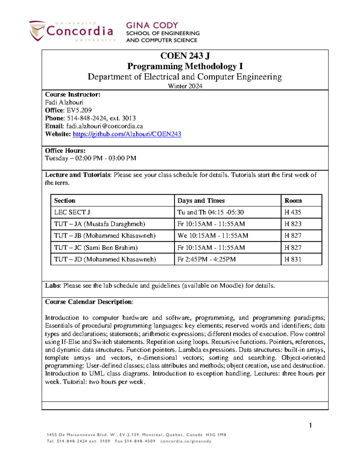 Course Outline Coen 243 Coen 243 J Programming Methodology I Department Of Electrical And