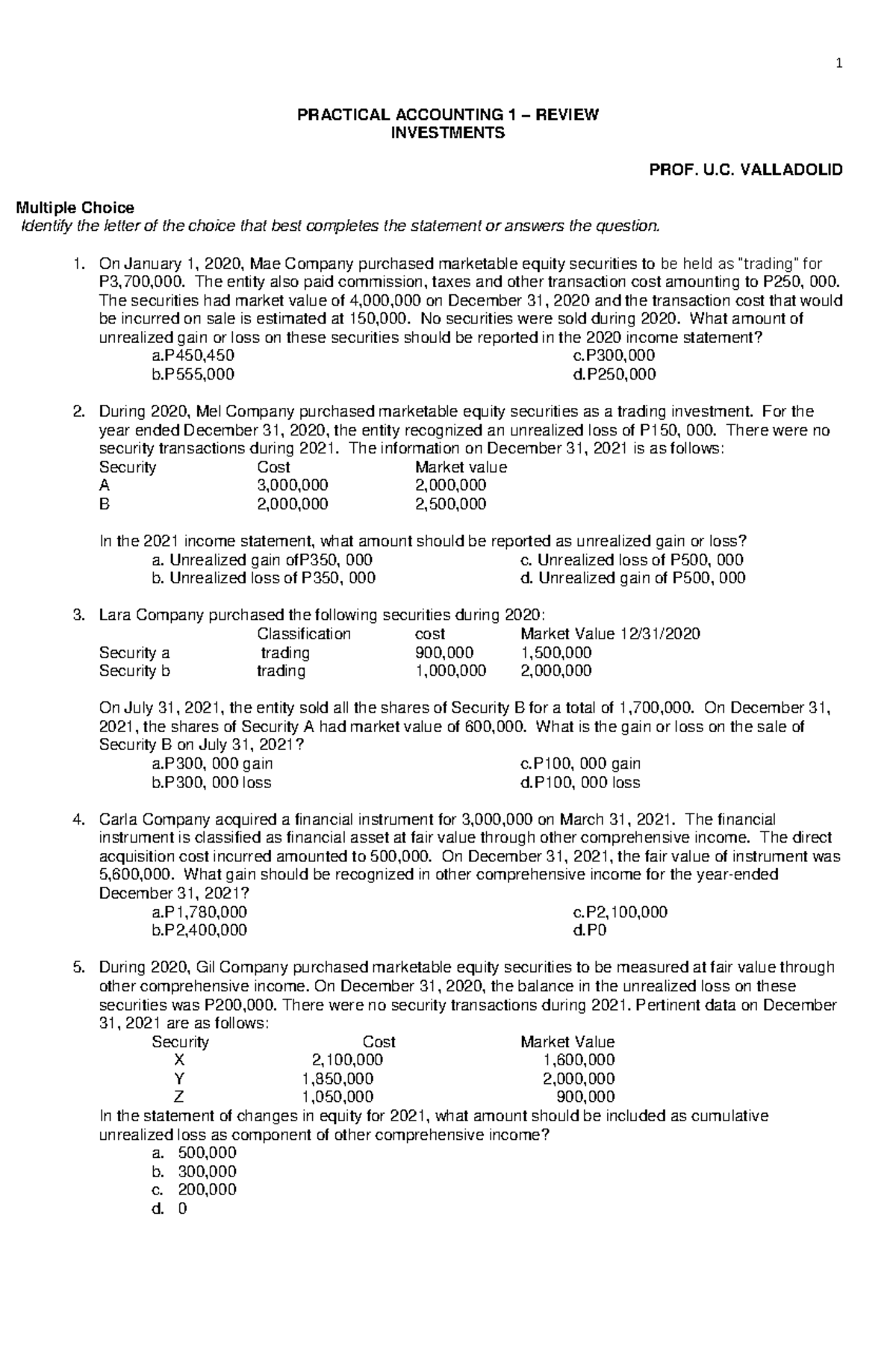 Pdfcoffee - Hsjsjs - PRACTICAL ACCOUNTING 1 – REVIEW INVESTMENTS PROF ...