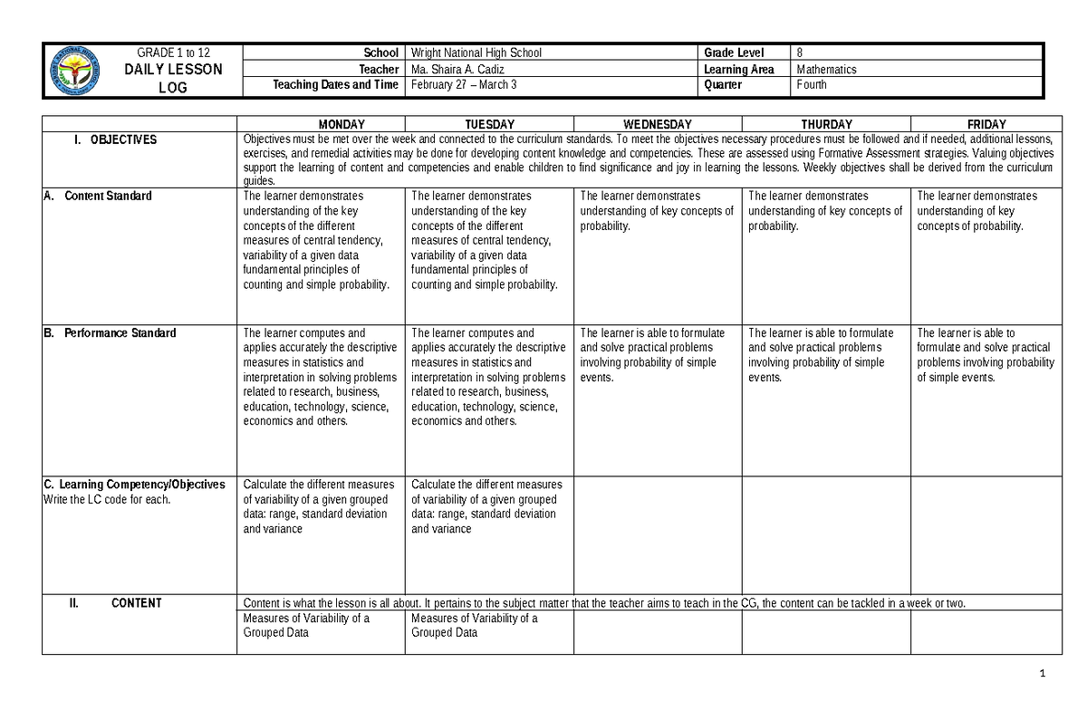 DLL Feb 27 - March 3 - none - GRADE 1 to 12 DAILY LESSON LOG School ...