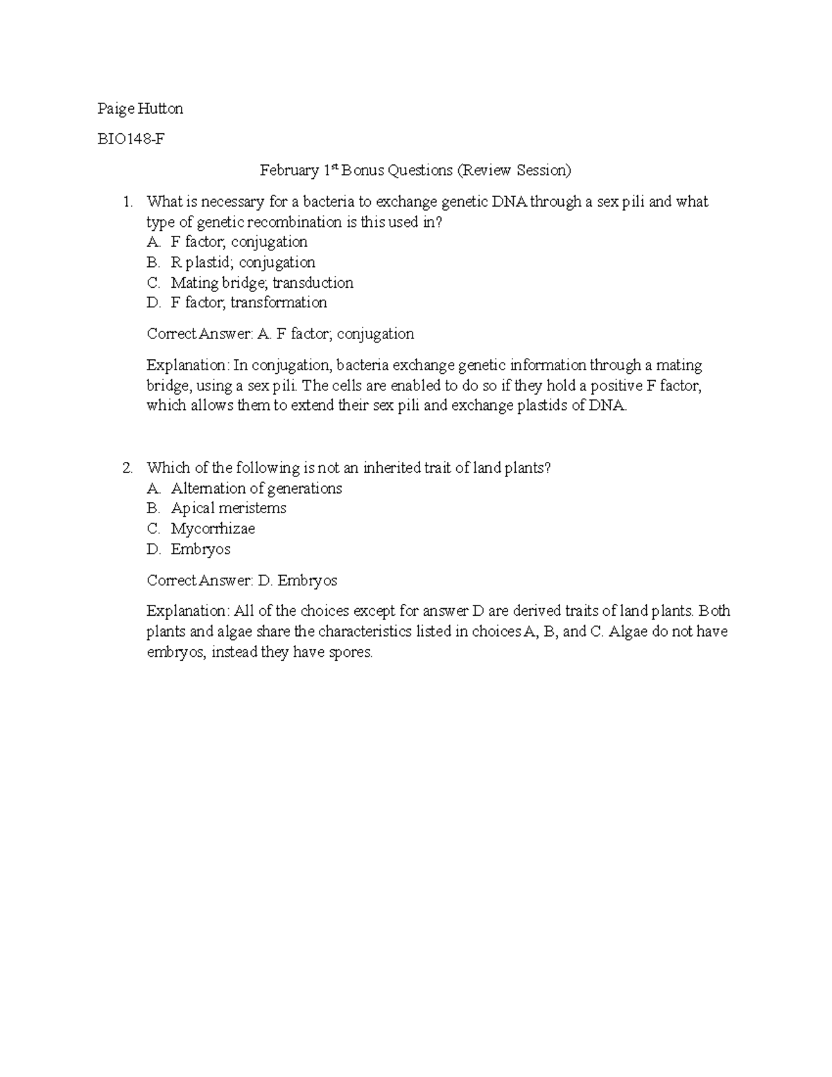 BIO148 February 1st Bonus Questions - Paige Hutton BIO148-F February ...