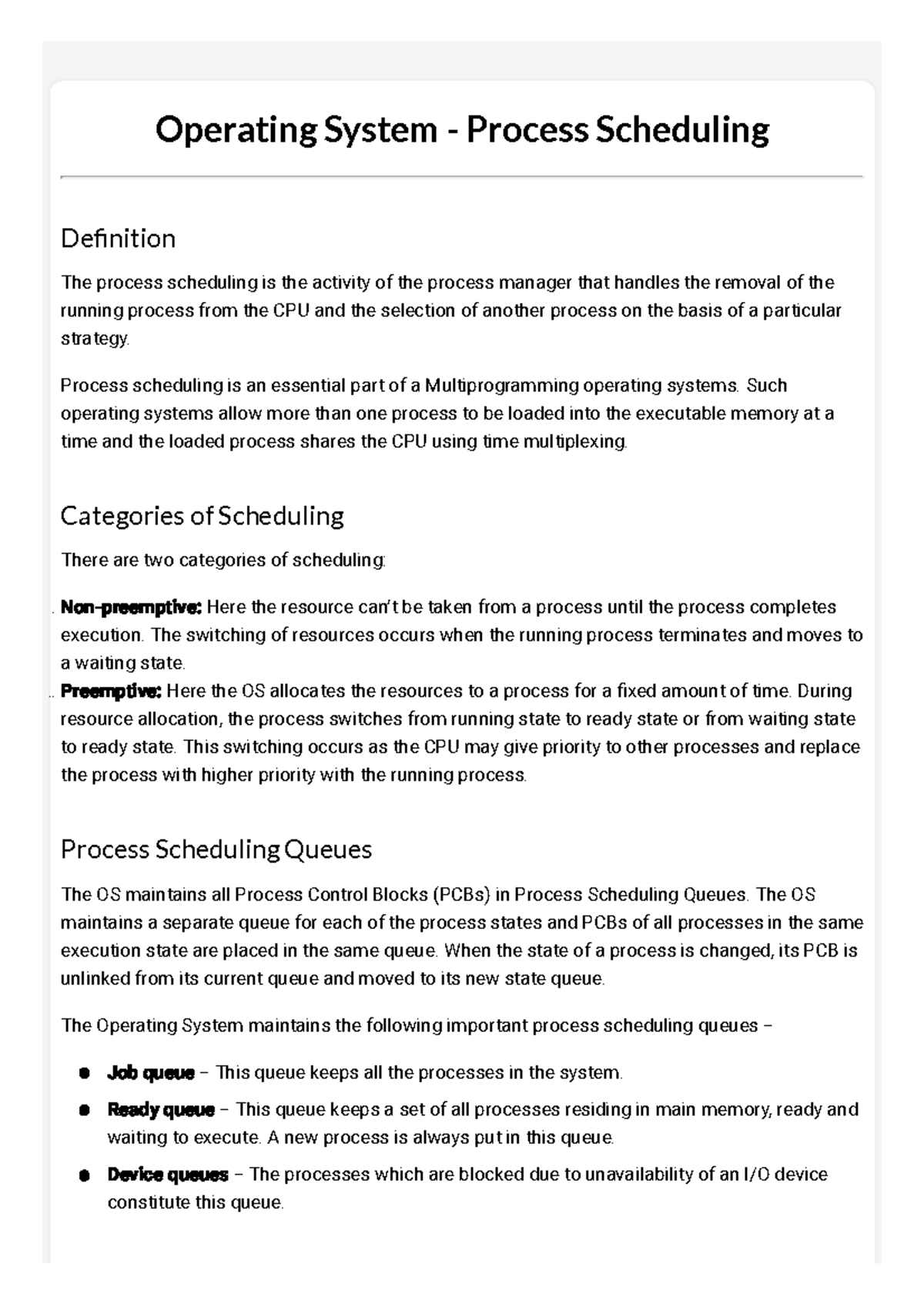 Schedulers - Operating System - Process Scheduling Denition The process scheduling is the ...