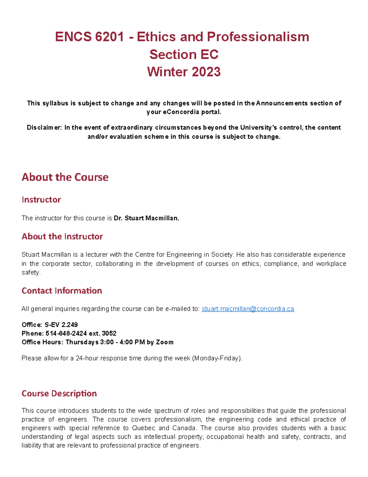 ENCS 6201 EC - Course Outline (Winter 2023) - ENCS 6201 - Ethics and ...