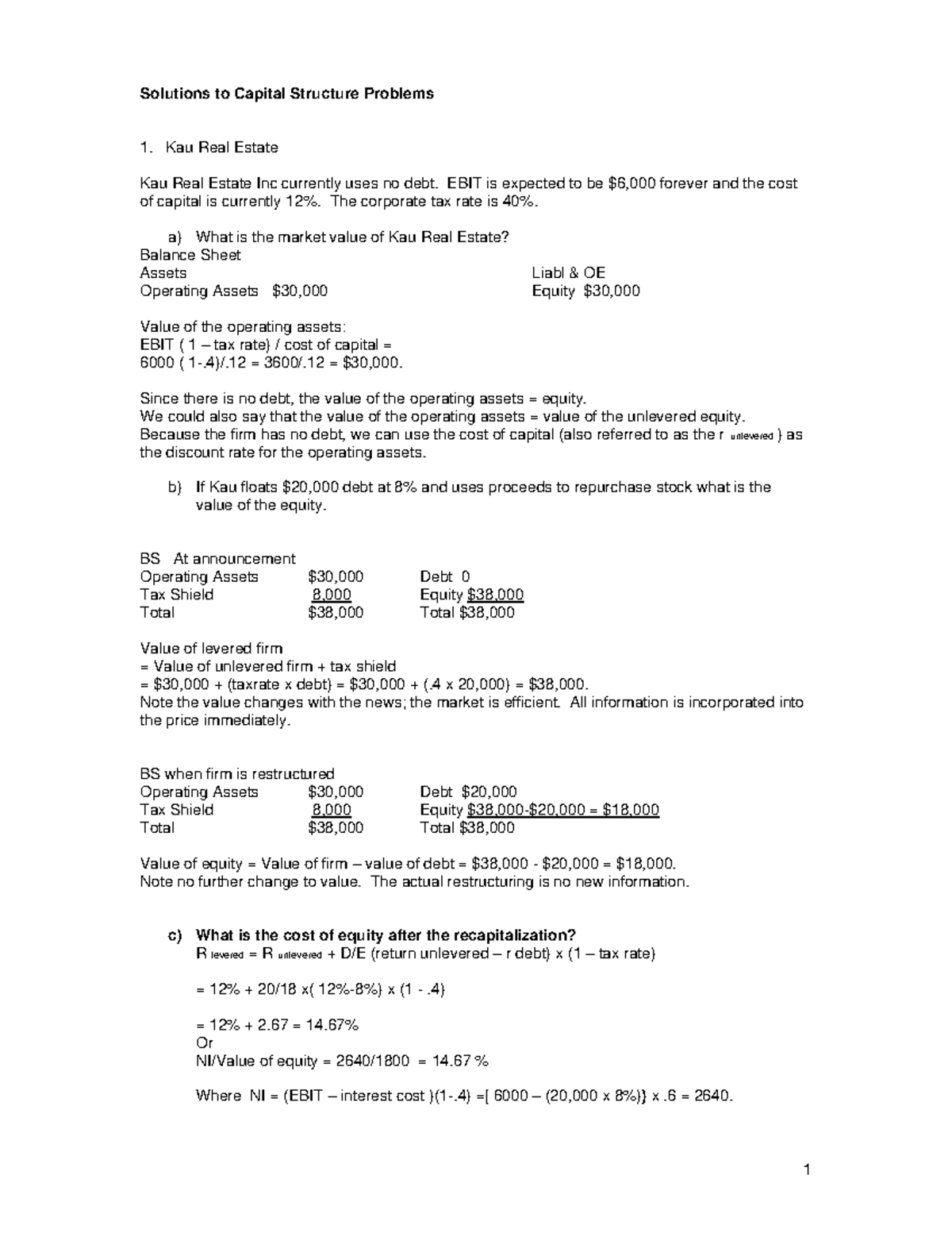 03 - Capital Structure Problems-Solutions - Solutions to Capital Structure Problems Kau Real ...