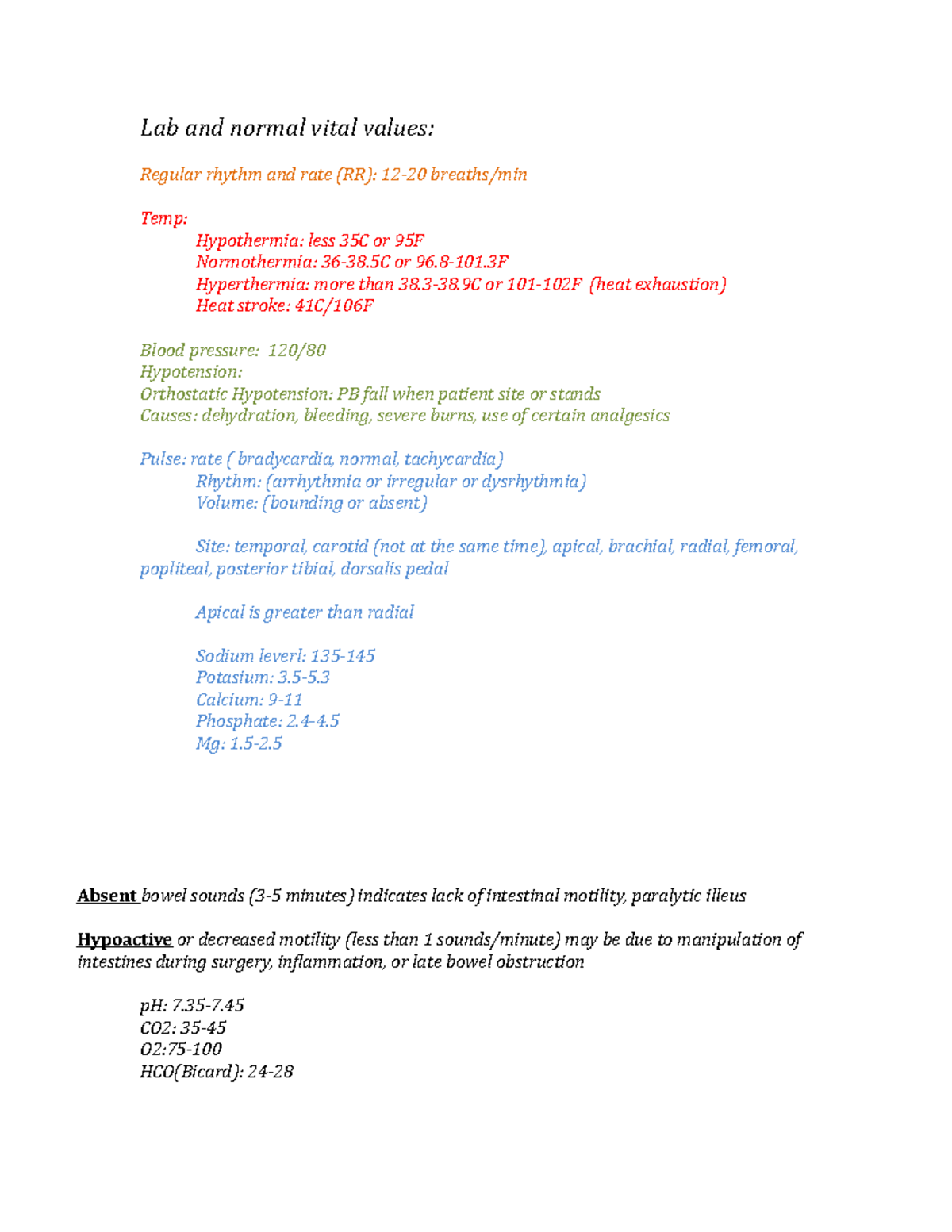 Lab and normal vital values - Lab and normal vital values: Regular ...