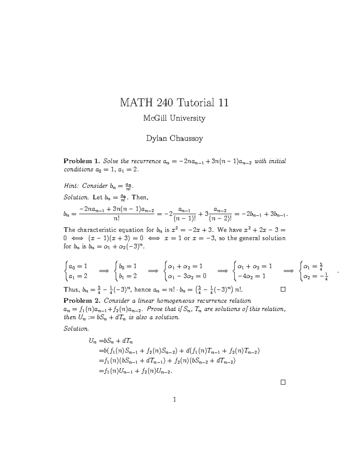 Tut11Sb - tutorial and solutions - MATH 240 Tutorial 11 McGill ...