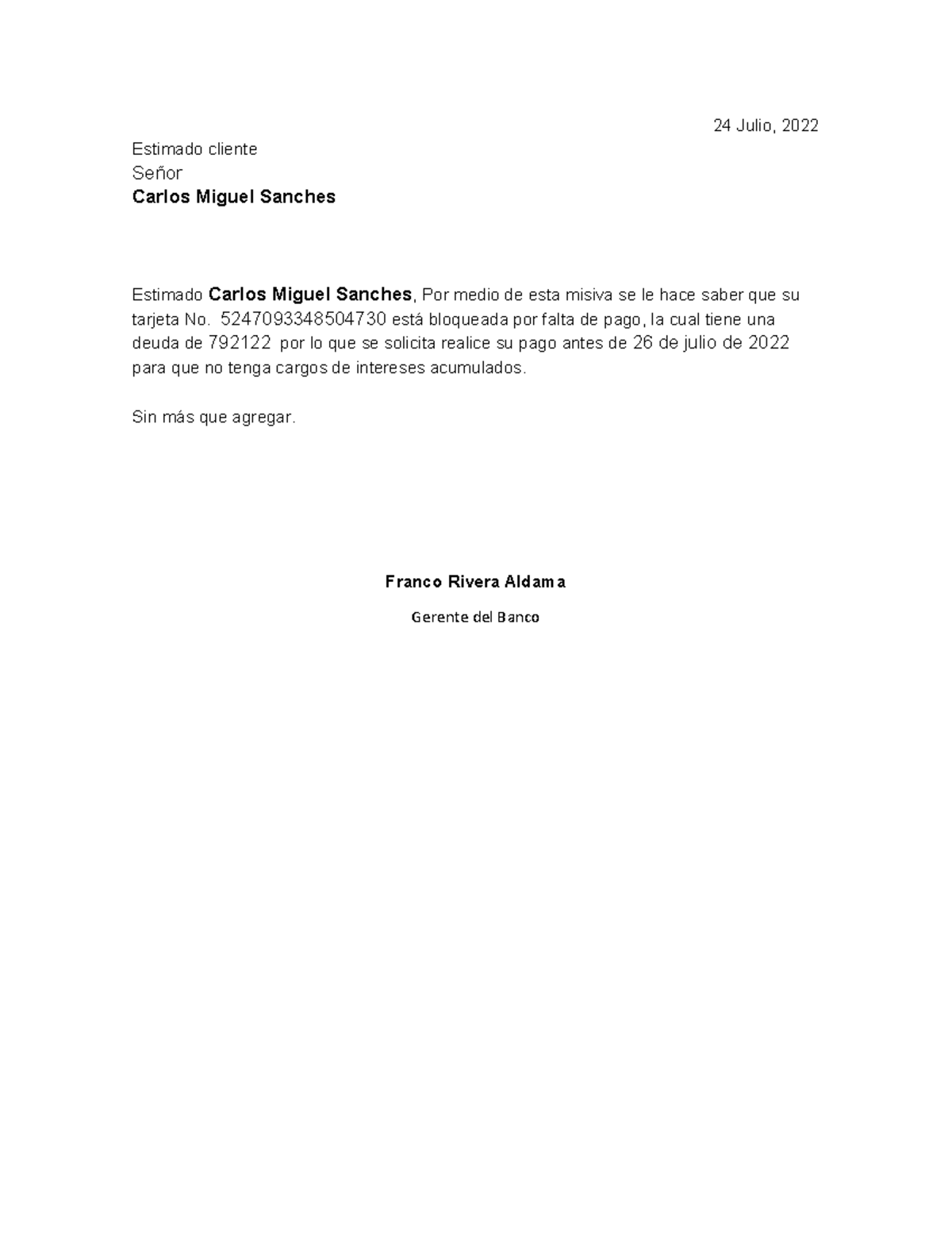 Correspondencia - Estimado cliente Señor Carlos Miguel Sanches Estimado ...