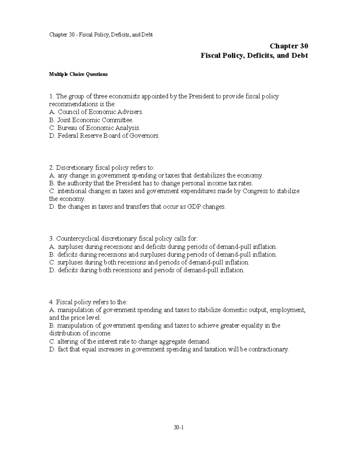 Chap030 - Textbooks Chapters - Chapter 30 Fiscal Policy, Deficits, and ...