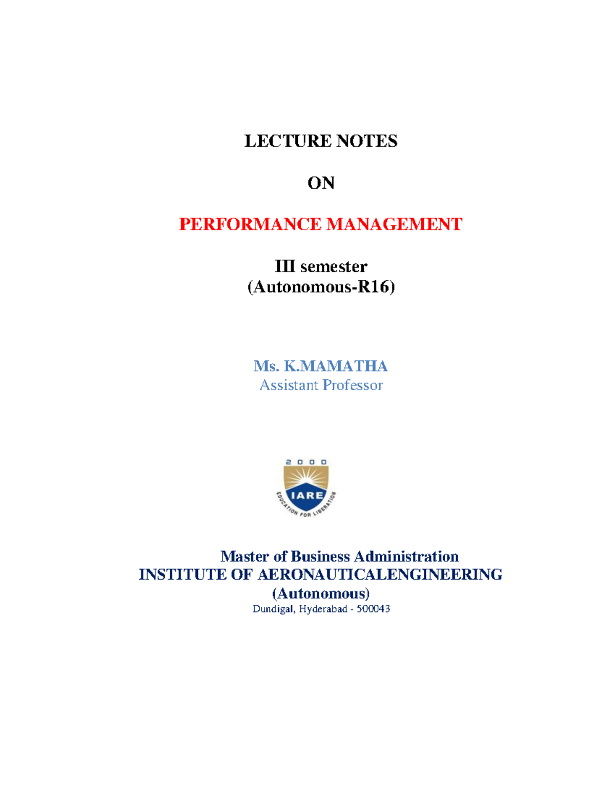 PM Lecture Notes - LECTURE NOTES ON PERFORMANCE MANAGEMENT III semester ...