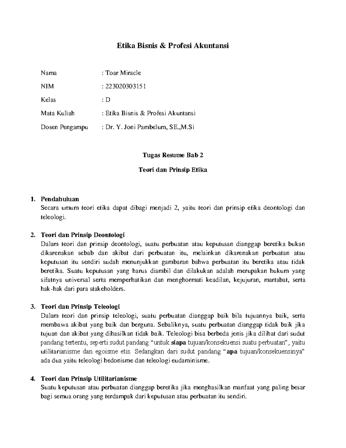Resume EB (Bab 2) - aosb - Etika Bisnis & Profesi Akuntansi Nama : Toar ...