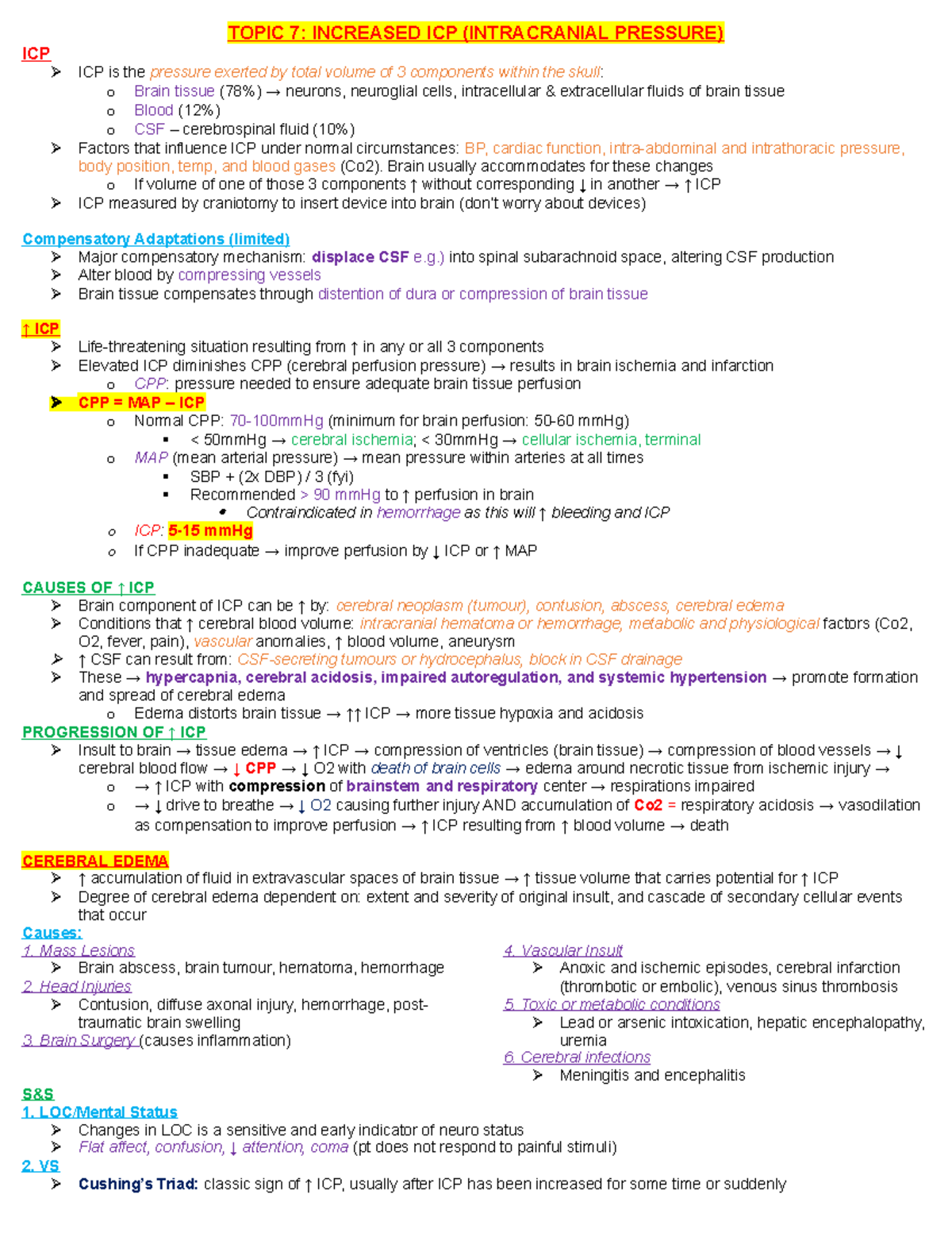 Increased ICP - summary for exam - TOPIC 7: INCREASED ICP (INTRACRANIAL ...