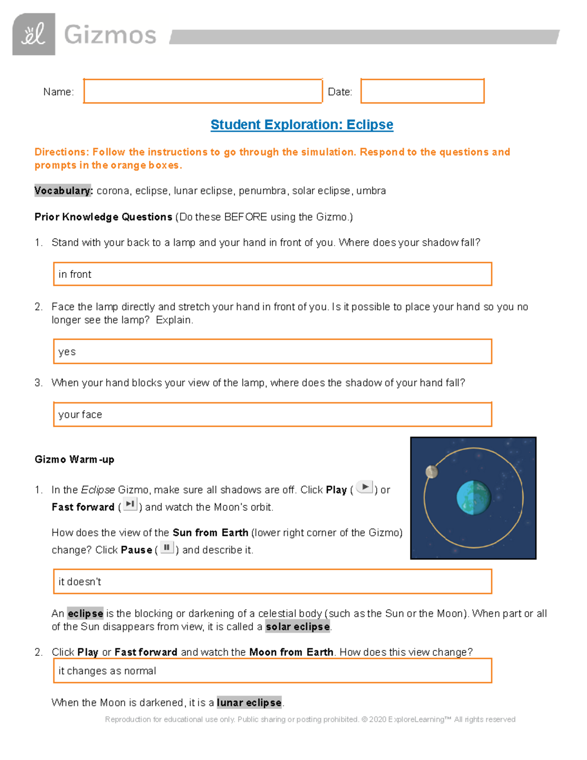Copy of Eclipse SE - Name: Date: Student Exploration: Eclipse ...