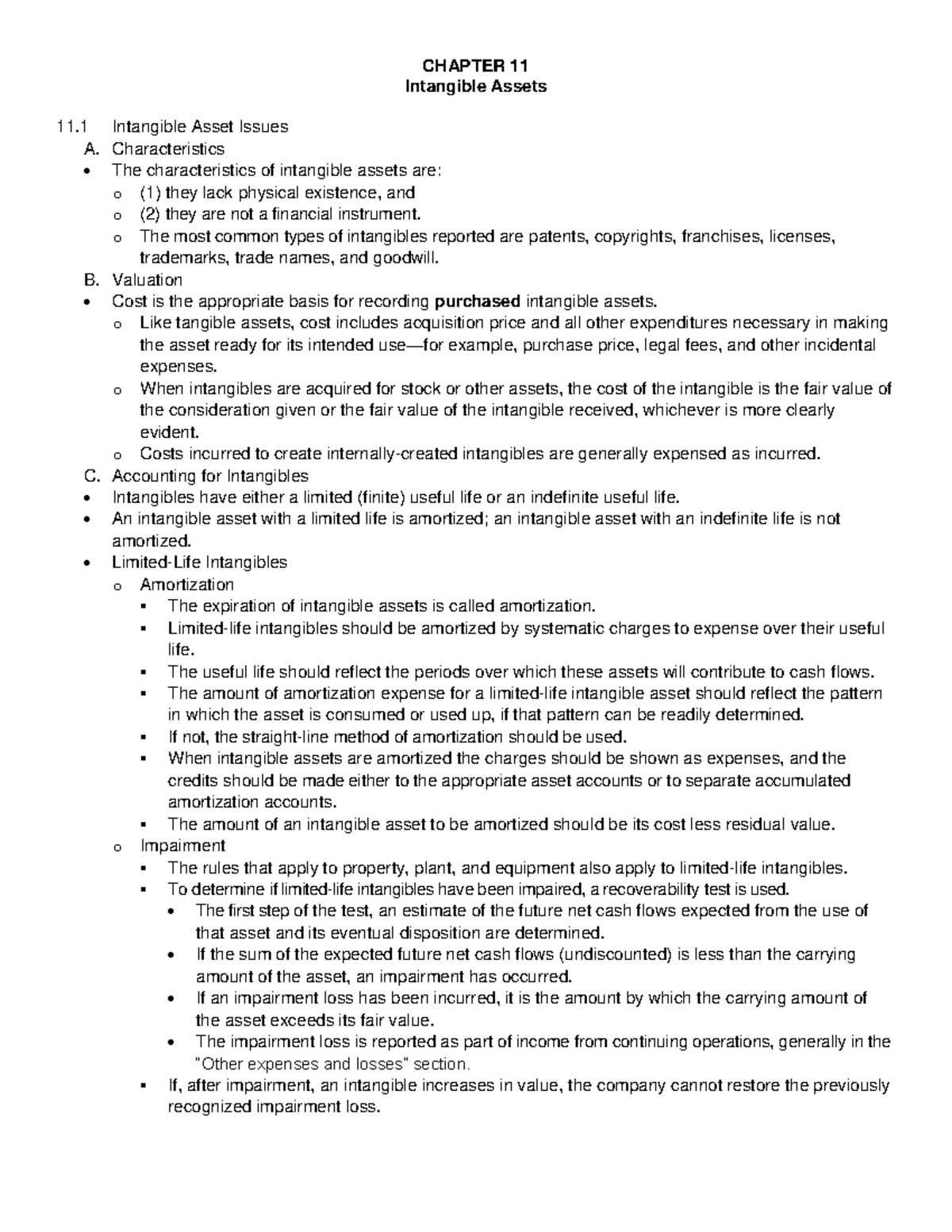 Chap.11 Outline - CHAPTER 11 Intangible Assets 11 Intangible Asset Issues A. Characteristics The ...