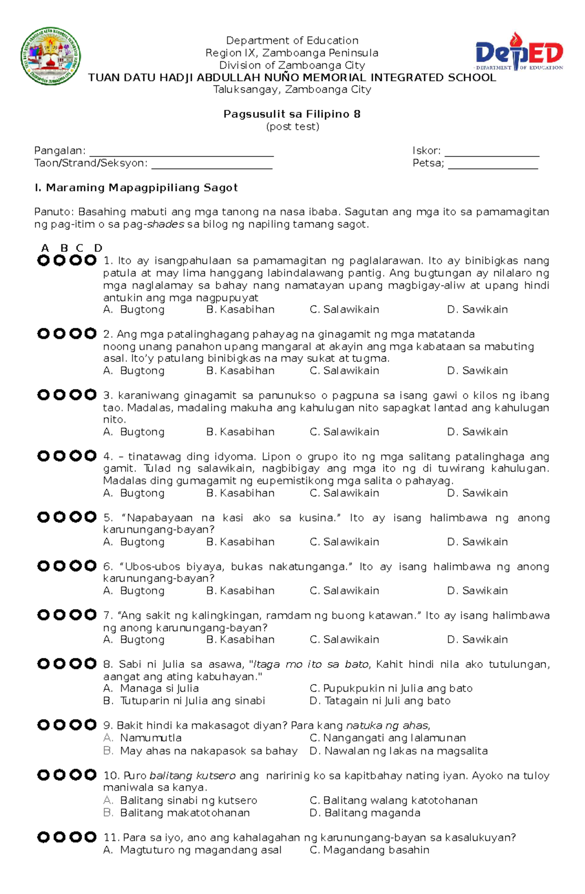 POST TEST - needed in all the subs- need to review - Department of ...
