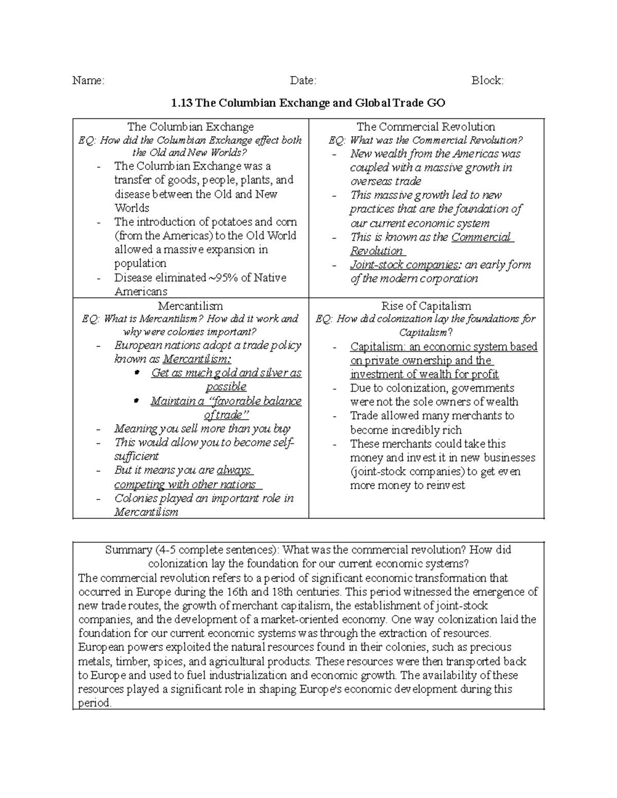 1.13 Columbian Exchange and Global Trade GO - Name: Date: Block: 1 The ...