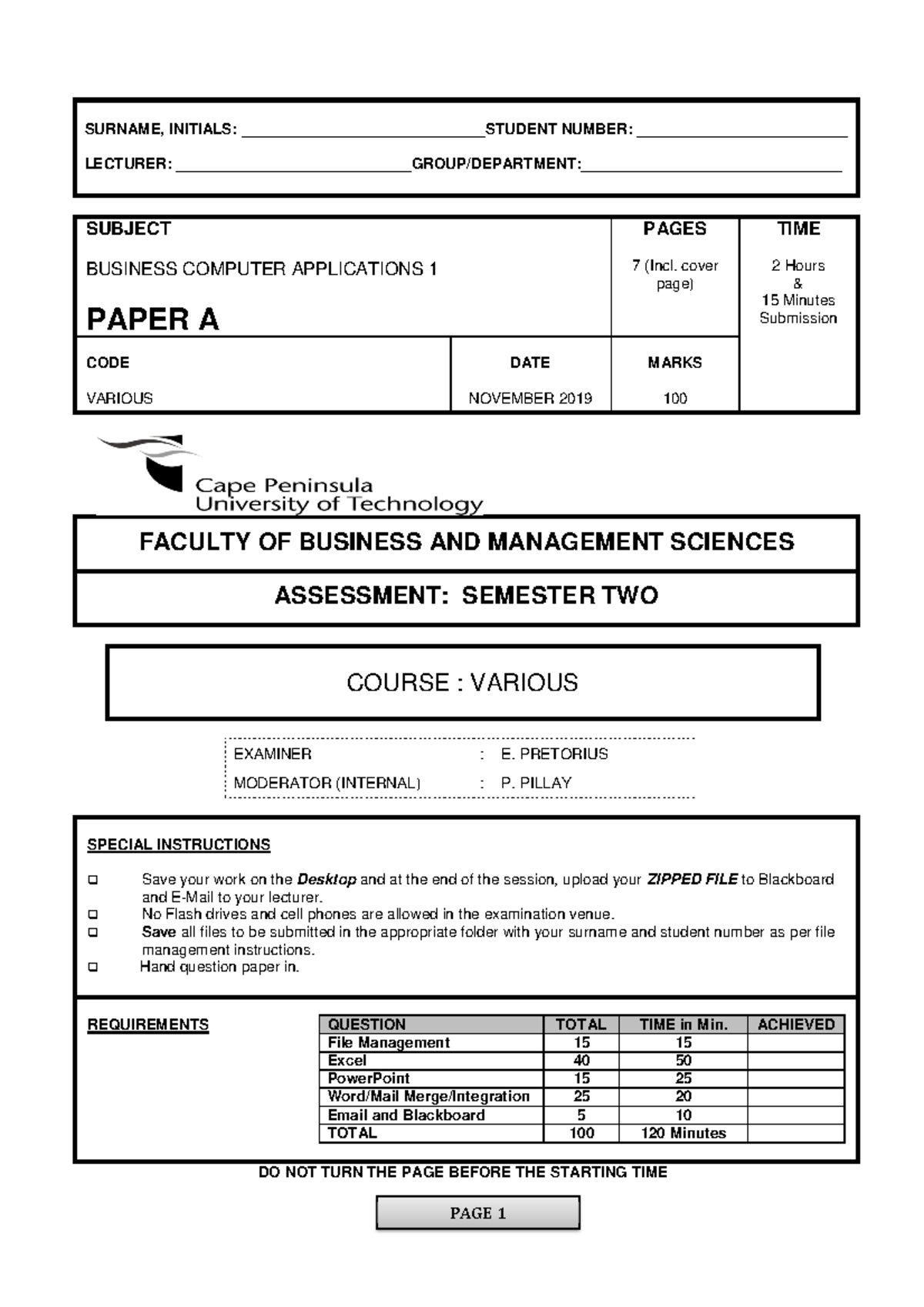 November 2019 Question Paper A - SURNAME, INITIALS ...
