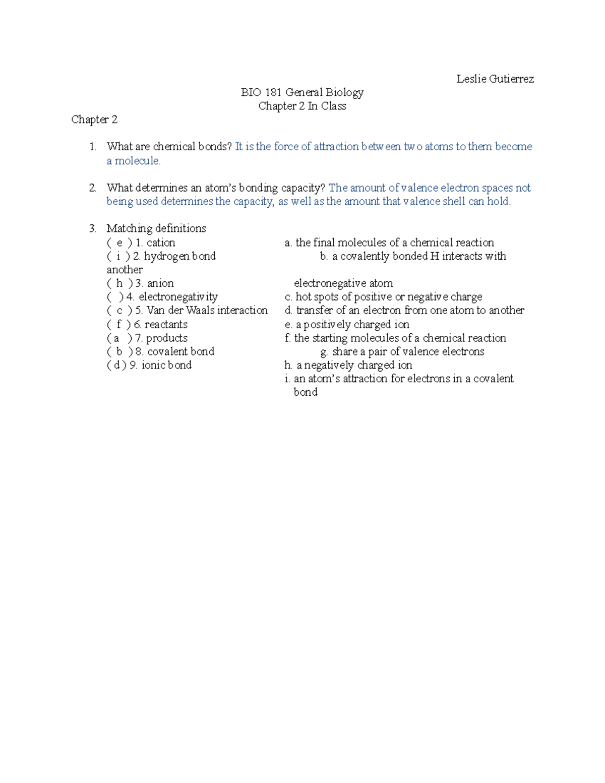 BIO 181 IC CH2 - Class: Sherlin Moses, chapter 2 worksheet - Leslie ...