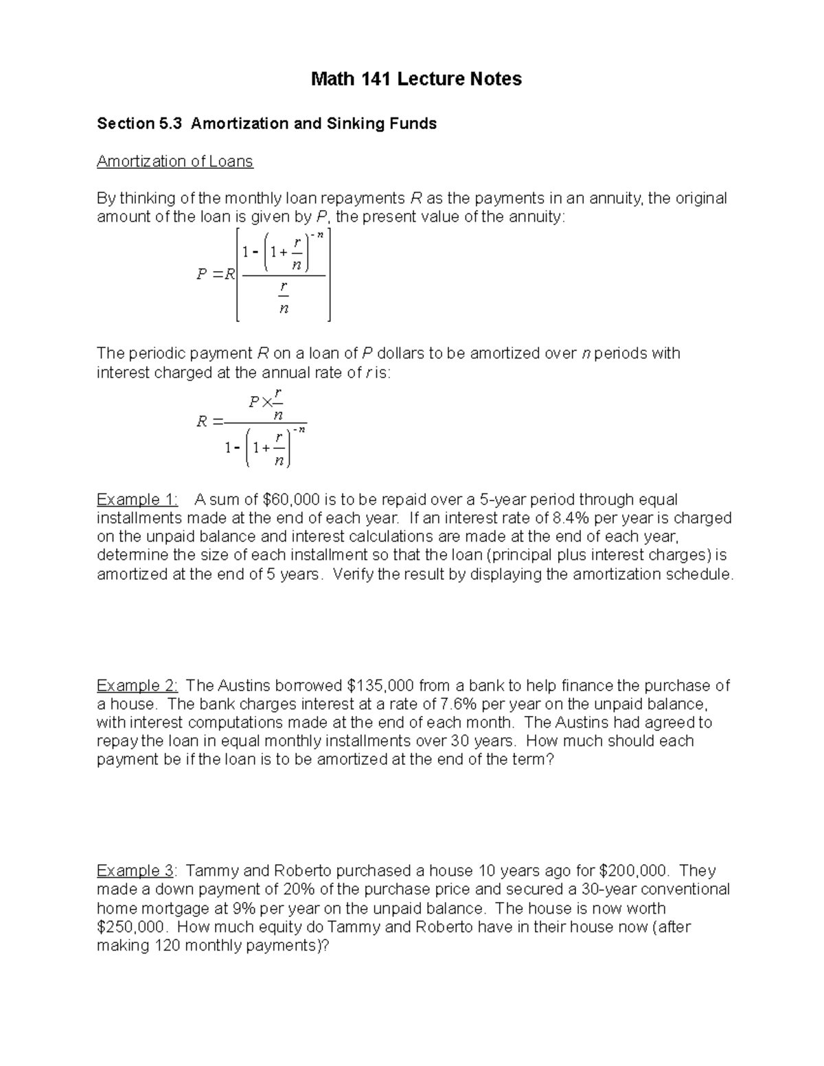 M141 Notes 5-3 - degree - Math 141 Lecture Notes Section 5 Amortization ...