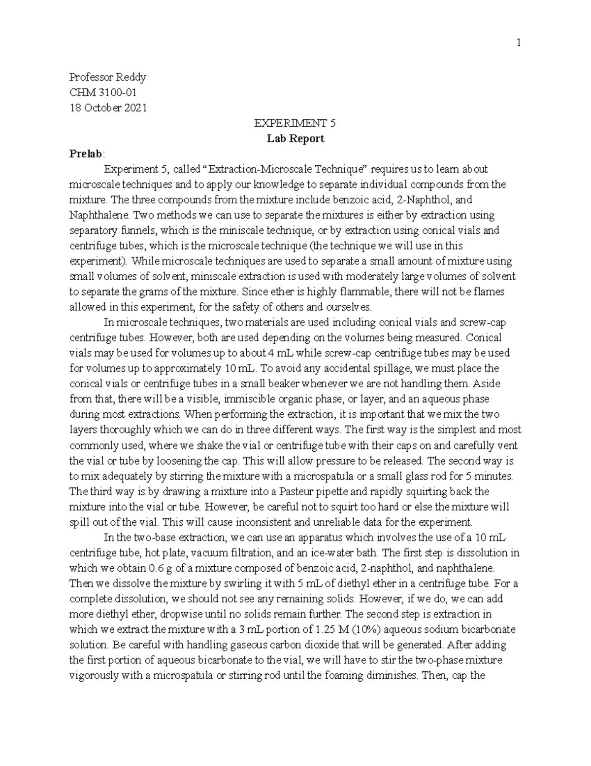 CHM 3100-01 (5) Extraction Mixtures OF Benzoic ACID, P- Nitroaniline ...