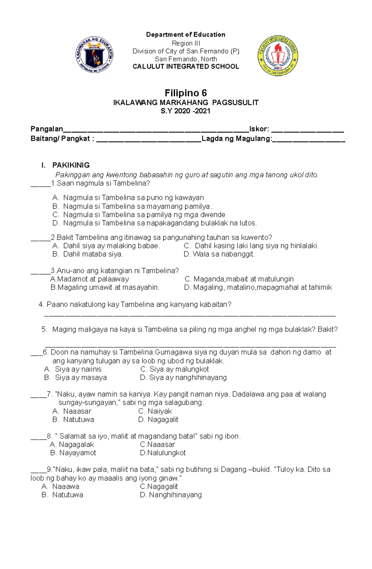 Filipino-6-2nd-periodical-test-sample with tos - Department of ...