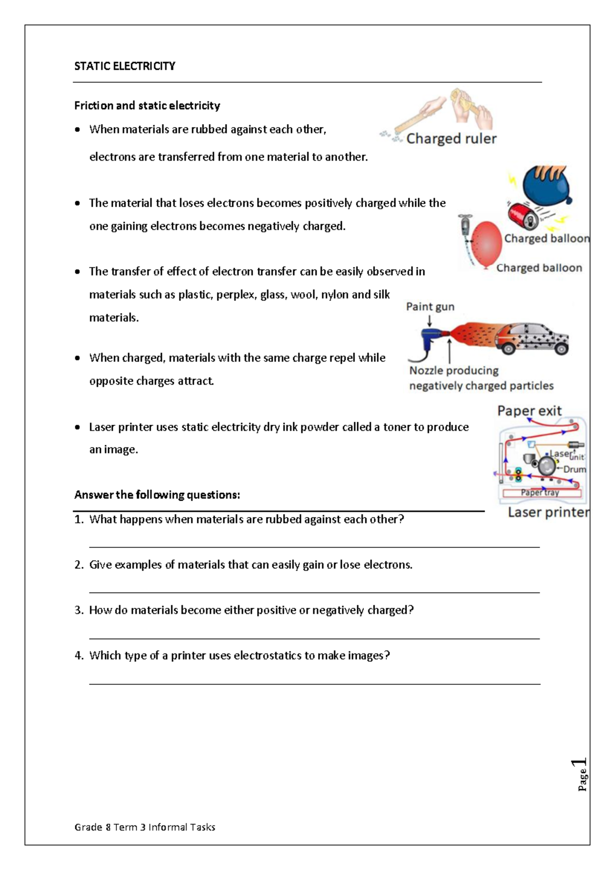 Informal Tasks Grade 8 Term 3 - Page 1 STATIC ELECTRICITY Friction and ...