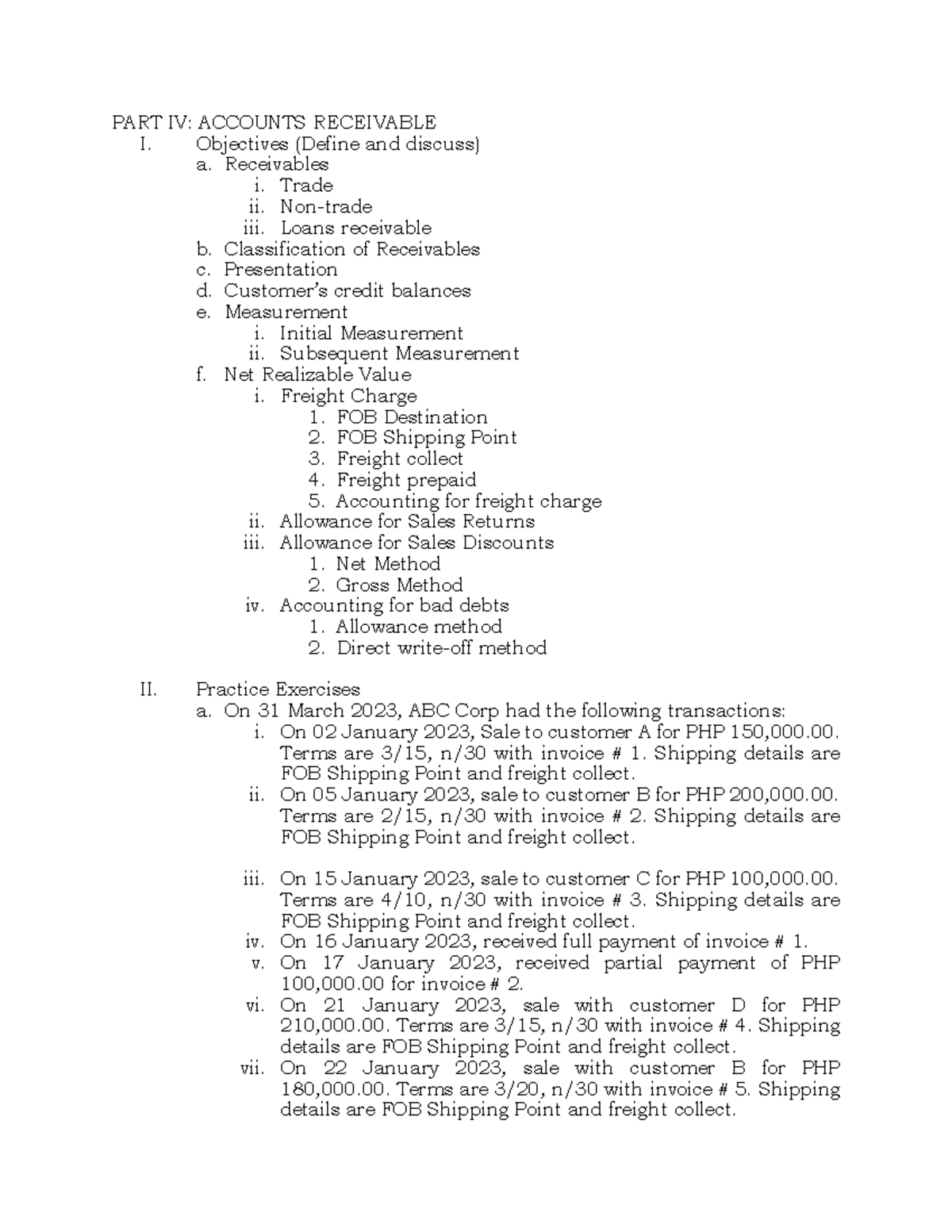 WEEK 4 Intact 1 - Ufufufu - PART IV: ACCOUNTS RECEIVABLE I. Objectives ...