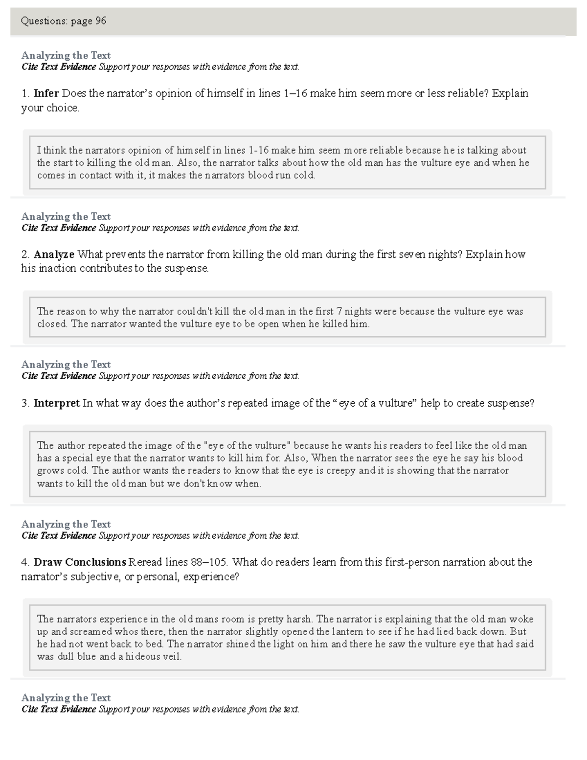 Page 96 HMH Questions - Questions: page 96 Analyzing the Text Cite Text ...