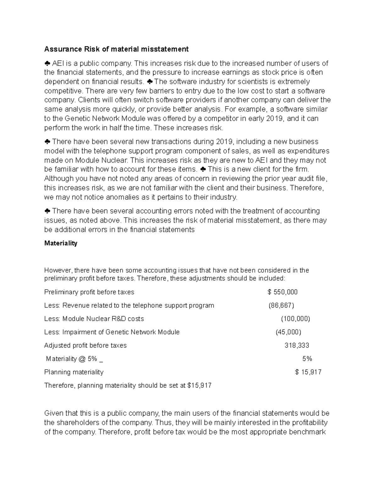 Assurance Risk of material misstatement and Tax - Assurance Risk of ...