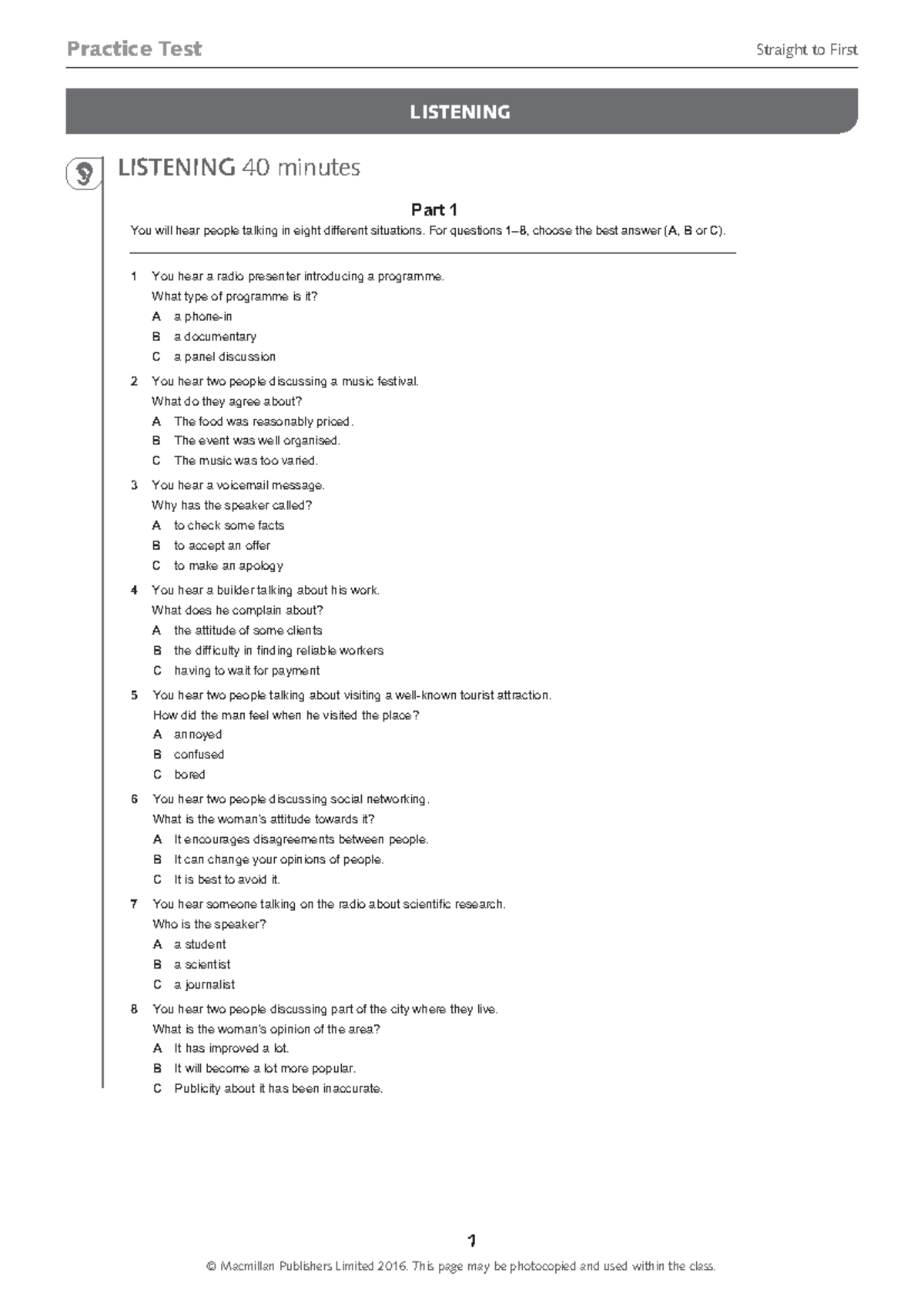 Straight to First B2 - Listening test - Multiple choice - LISTENING 1 ...