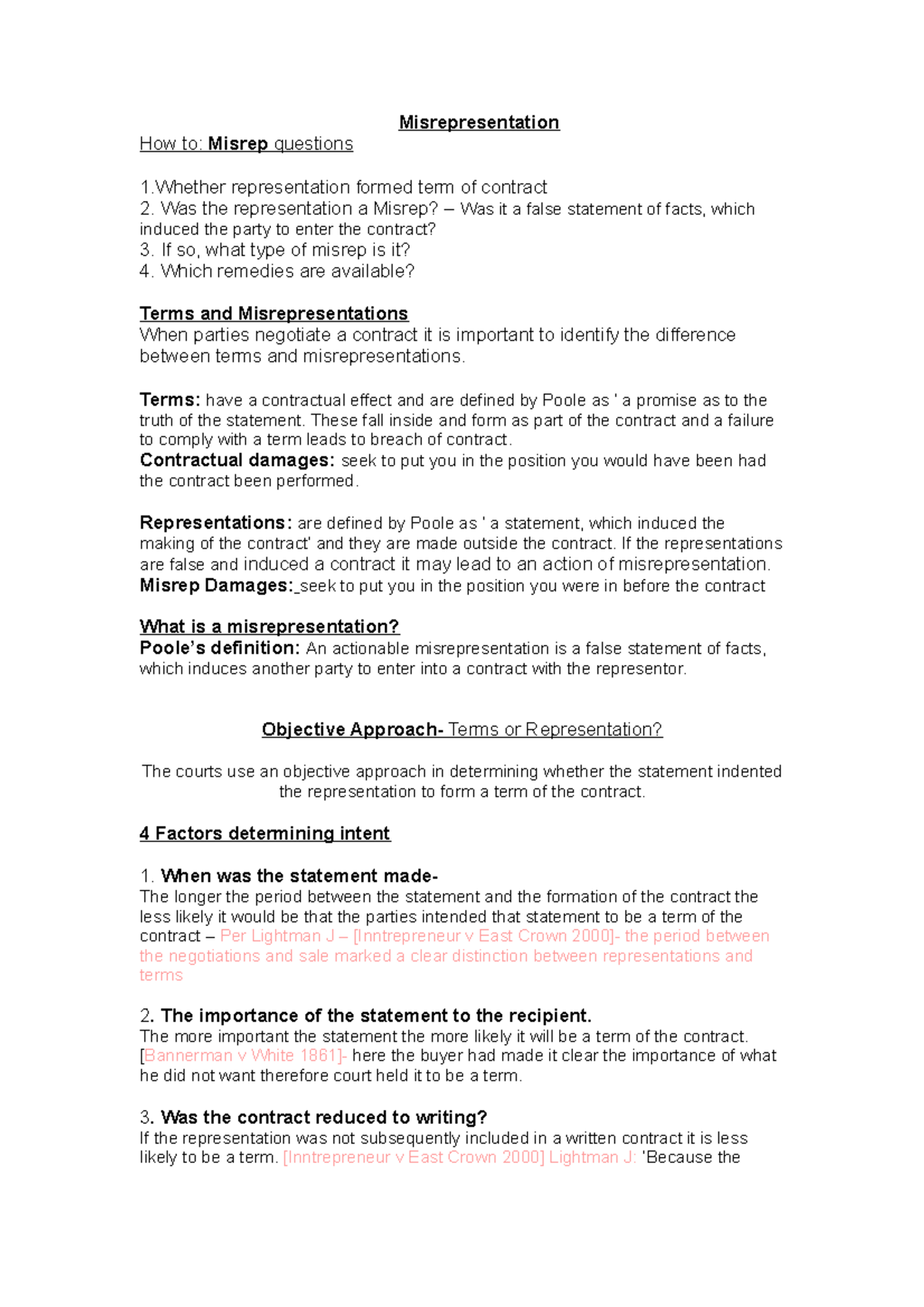 Misrepresentation - Notes - Misrepresentation How to: Misrep questions ...