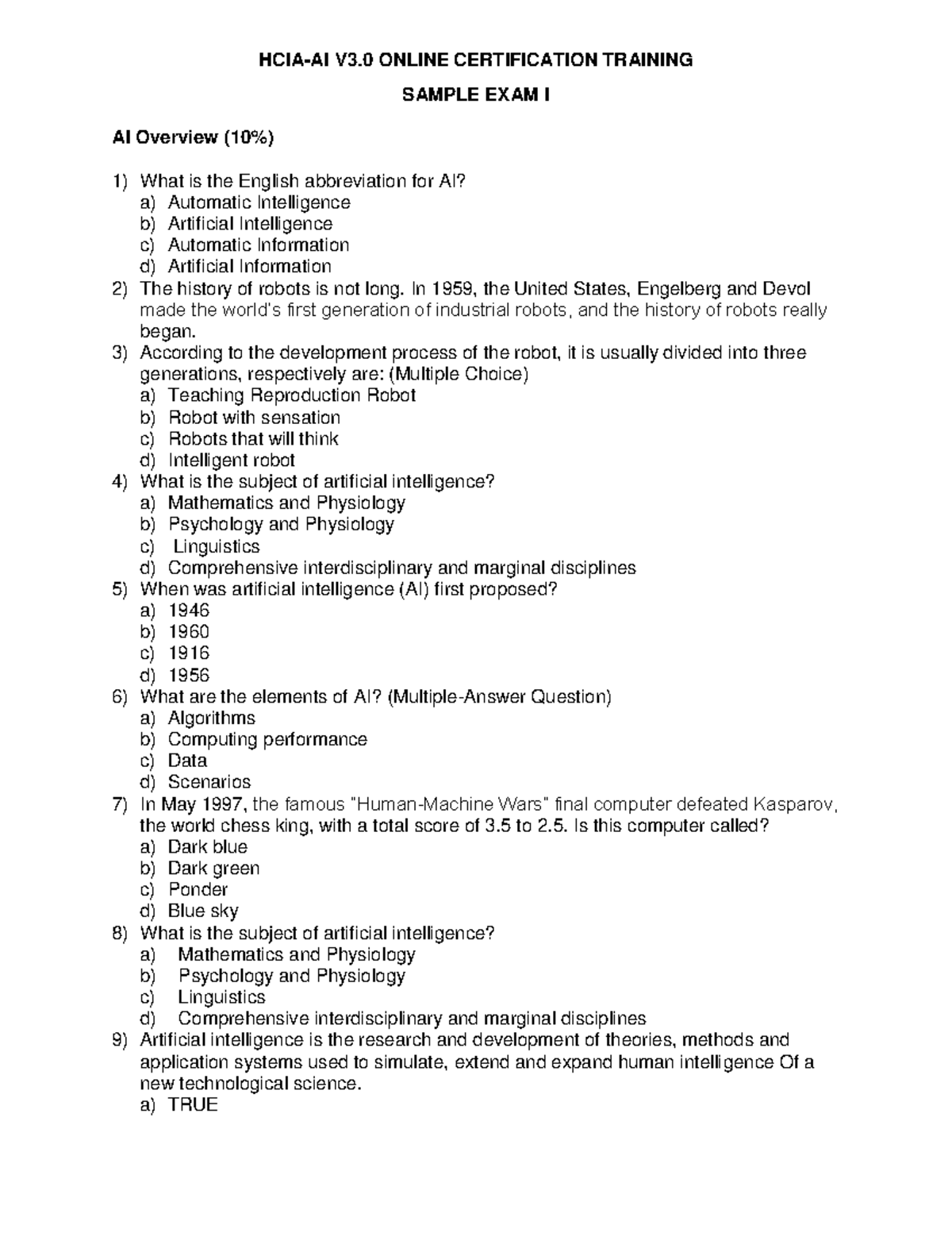 HCIA-AI V3.0 Sample Exam Set 1 - HCIA-AI V3 ONLINE CERTIFICATION ...