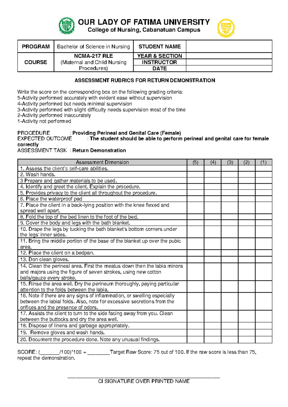 Rubric Providing Perineal and Genital Care - Wash hands. 3 Prepare and ...