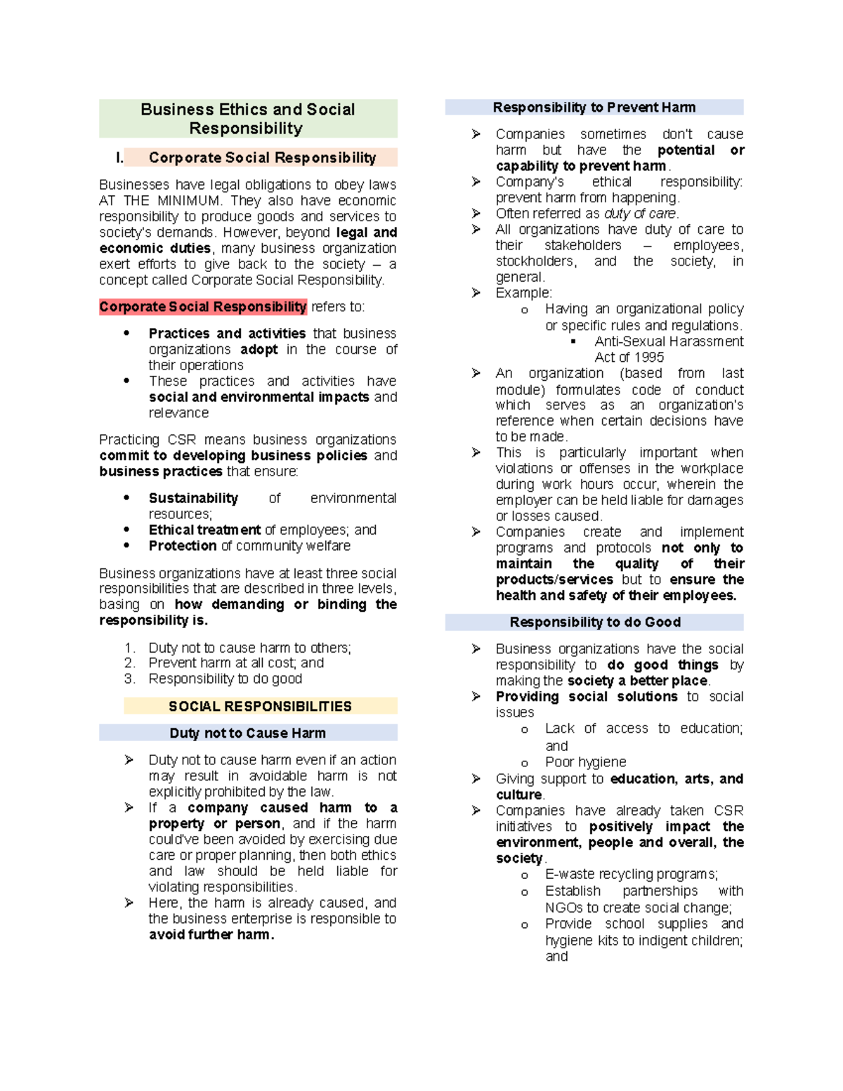 Lecture Notes - All lessons relating to CSR - Business Ethics and ...