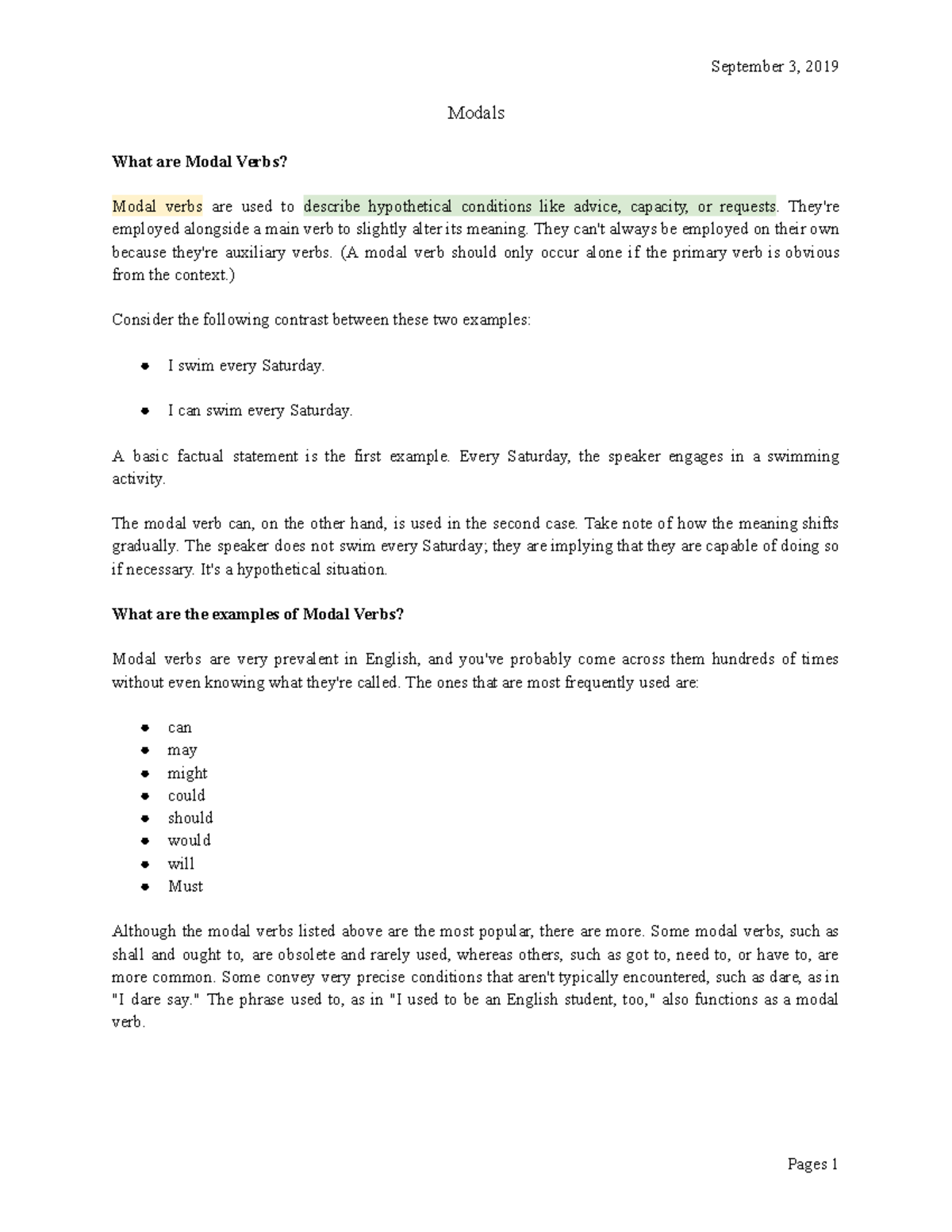 Modals (Reviewer) - September 3, 2019 Modals What are Modal Verbs ...