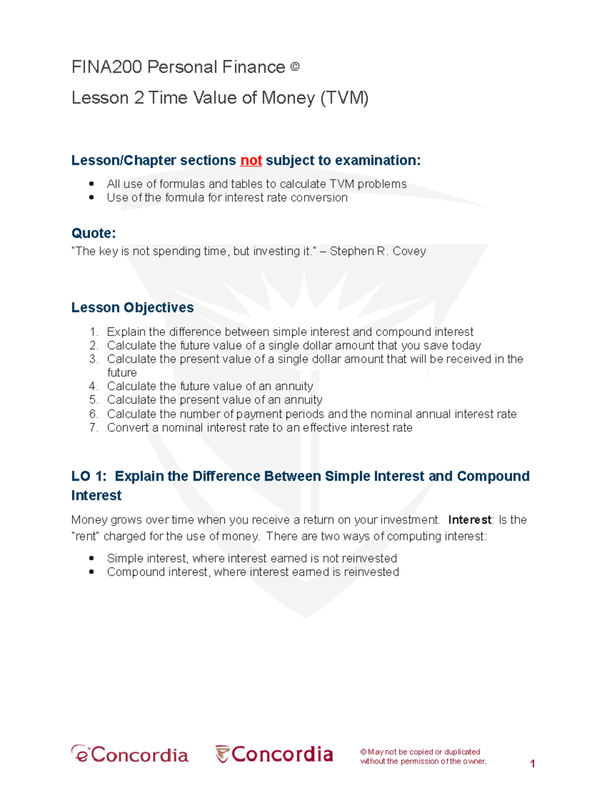 L2 Summary Notes - FINA200 Personal Finance Lesson 2 Time Value of ...