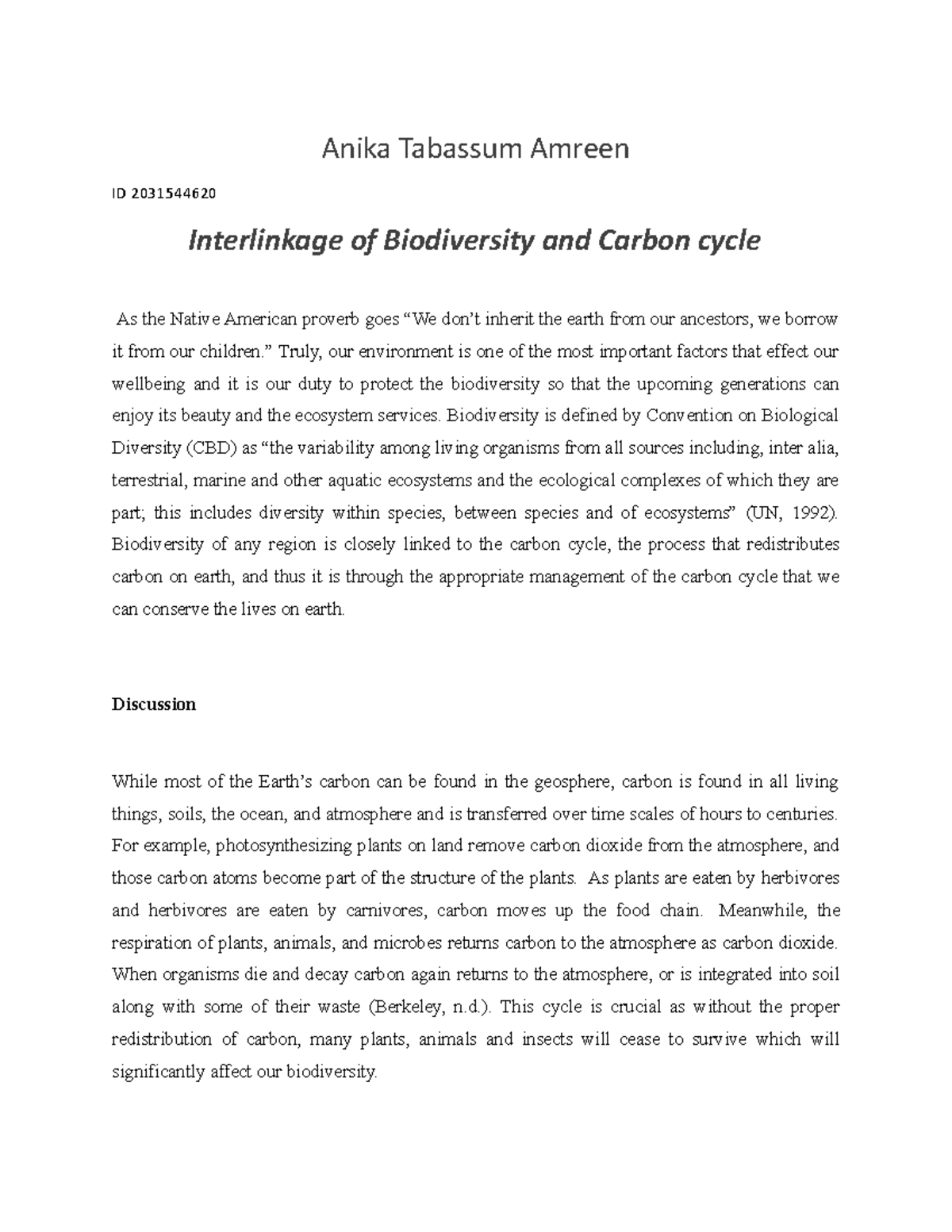 ENV107 Interlinkage of Biodiversity and Carbon cycle - Anika Tabassum ...