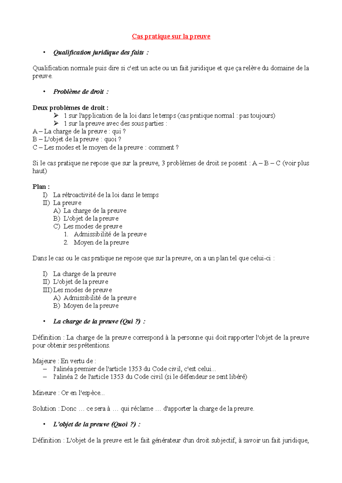 Fiche révision cas pratique sur la preuve - Cas pratique sur la preuve ...