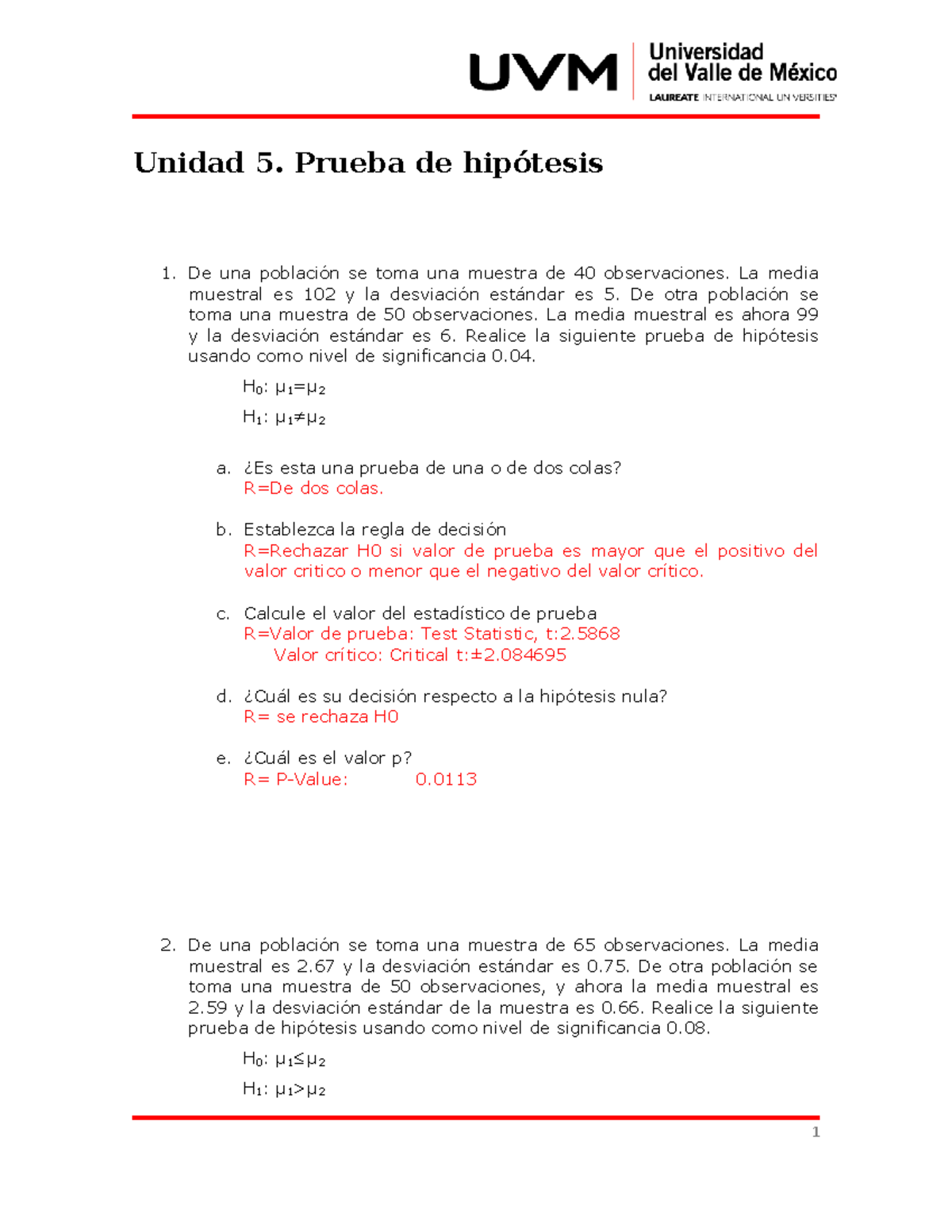 U5 Actividad 7 Ejercicio Hipotesis - Unidad 5. Prueba de hipótesis De ...