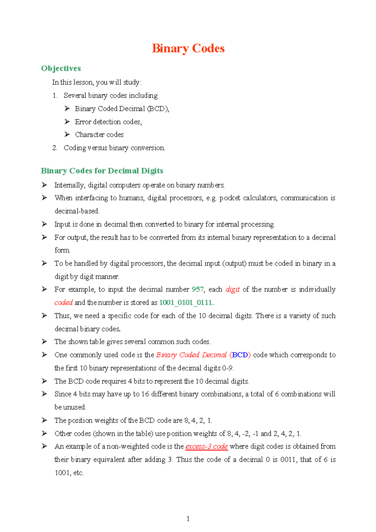 Lesson 1 7 - yse all are them - Binary Codes Objectives In this lesson, you will study: Several ...