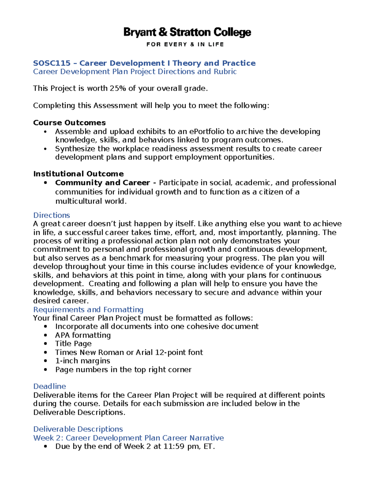 SOSC115 Career Plan Project Directions and Rubric - SOSC115 – Career ...