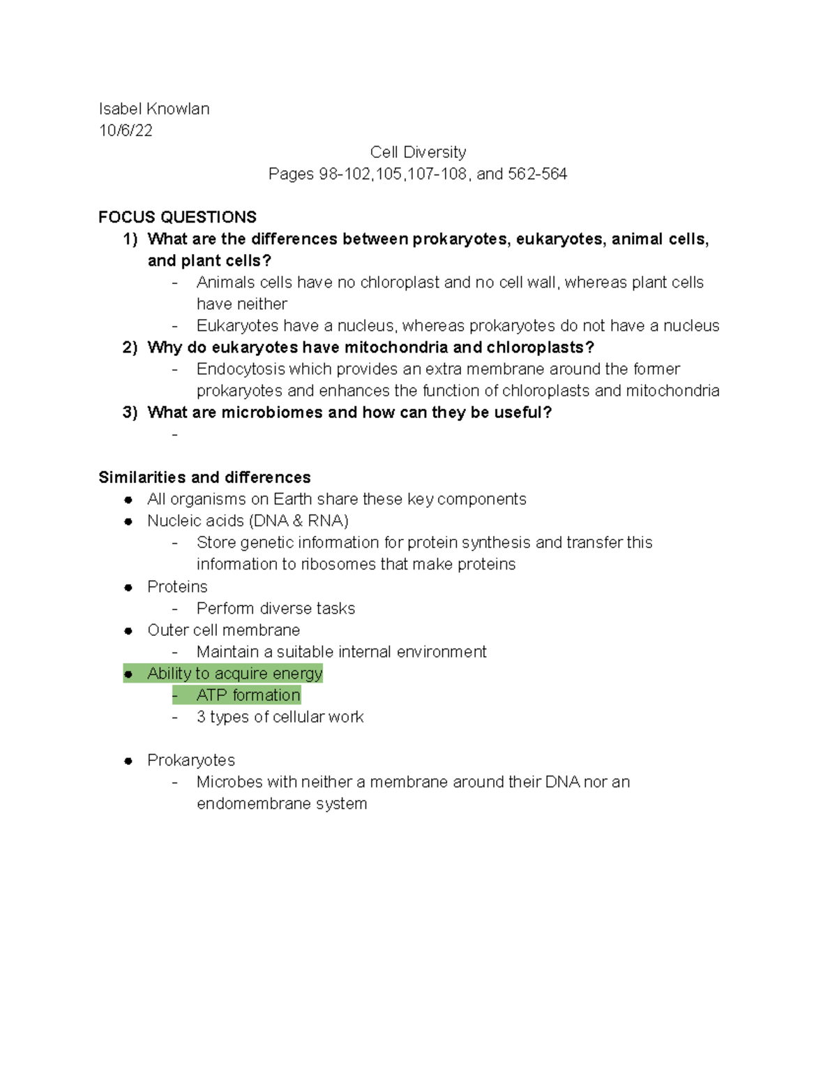 General Biology 1 Notes - Isabel Knowlan 10/6/ Cell Diversity Pages 98 ...