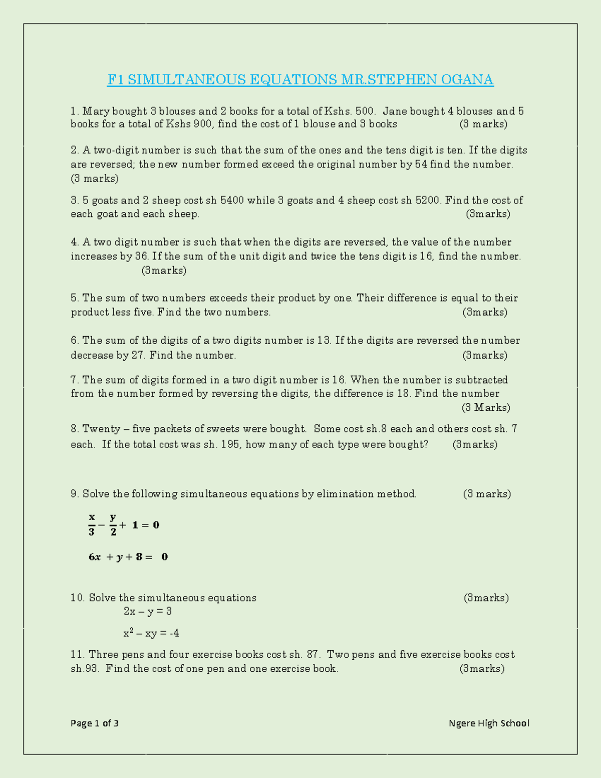1.17 Simultaneous Equations - Page 1 of 3 Ngere High School F1 ...