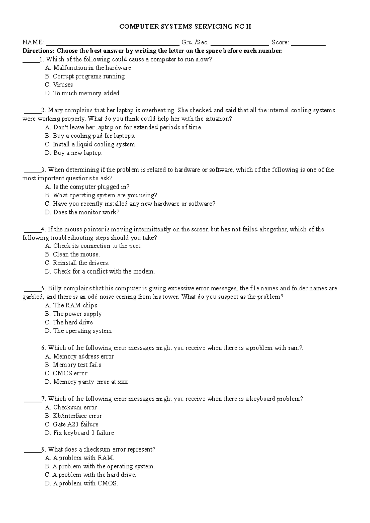 Questionaire - COMPUTER SYSTEMS SERVICING NC II NAME