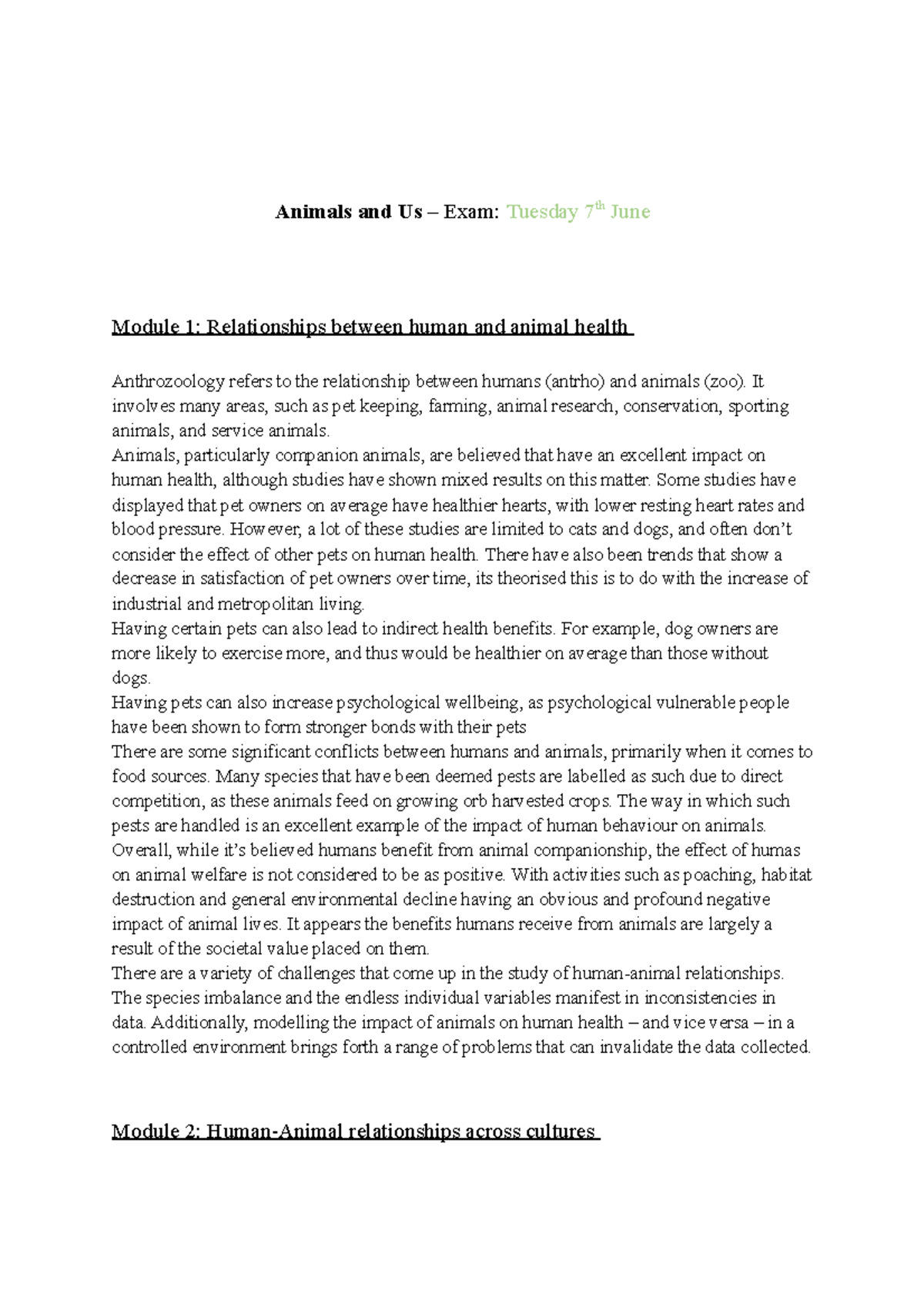 Animals and Us - Summary Notes for all four modules (Relationships ...